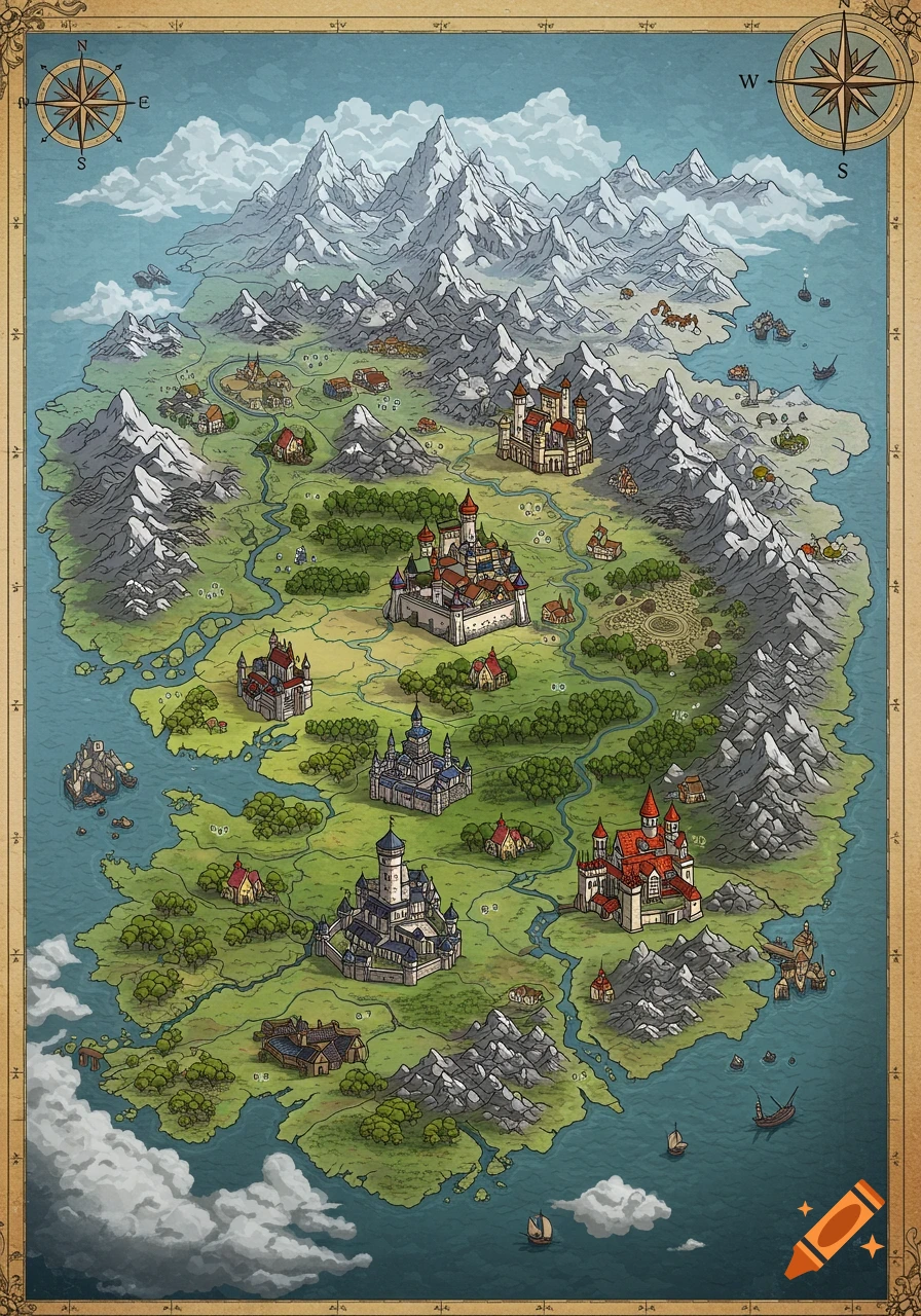 An elaborate, old-style fantasy map depicting a large island with ...