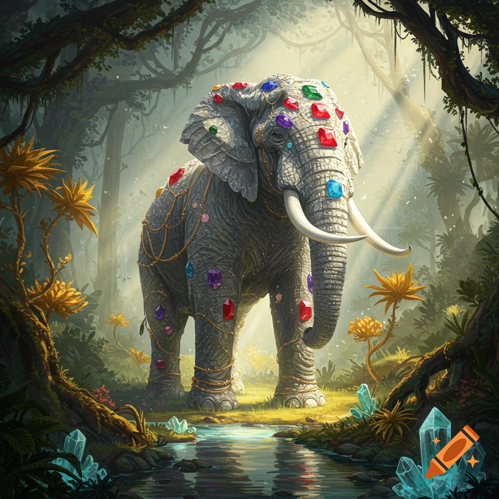 A majestic jeweled elephant stands in a sunlit jungle with colorful ...