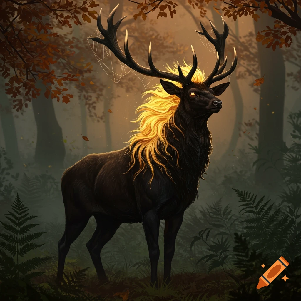 Majestic black deer with glowing eyes and a fiery golden mane in a ...