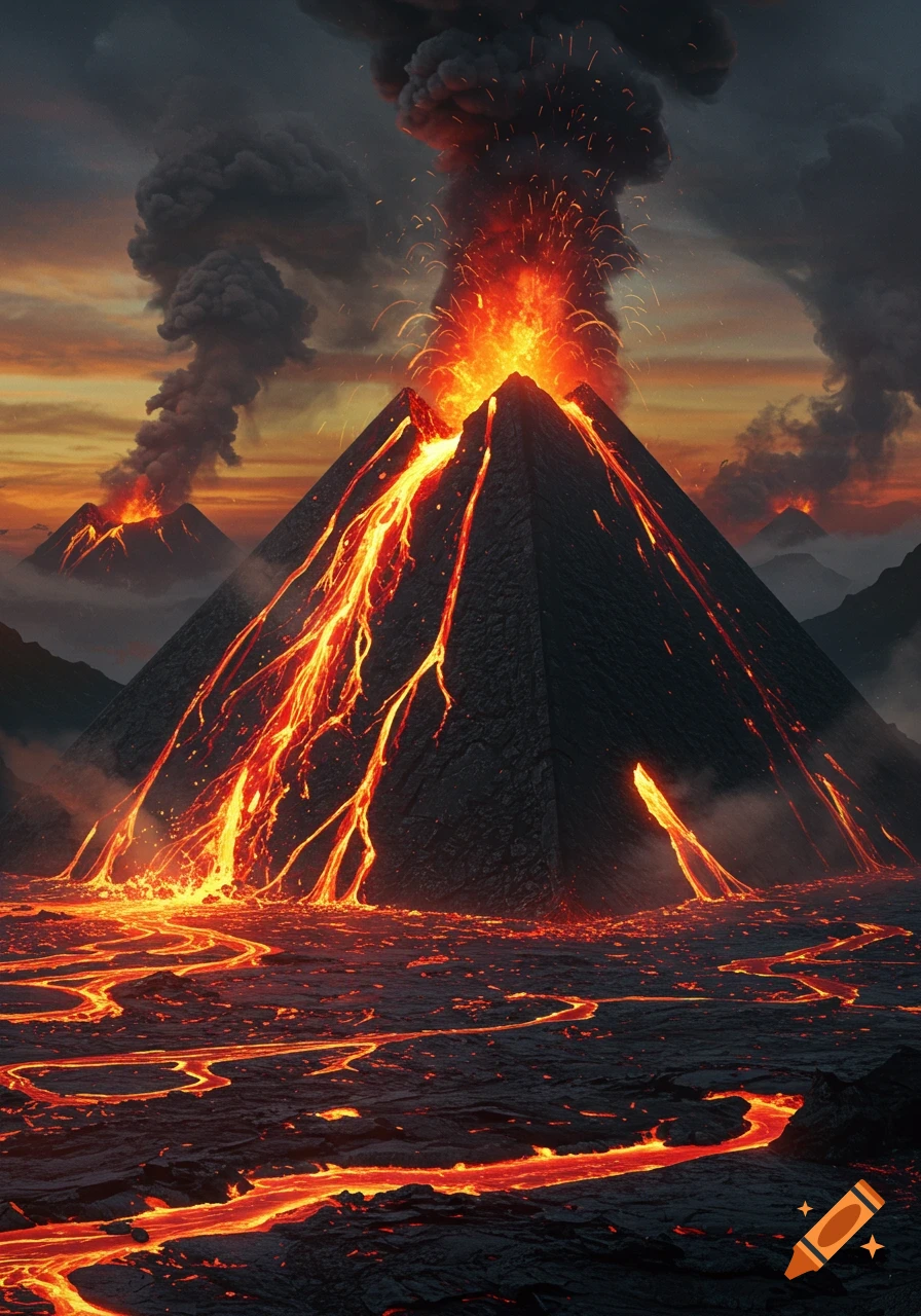 Multiple pyramid-shaped volcanoes erupting, with molten lava flowing ...
