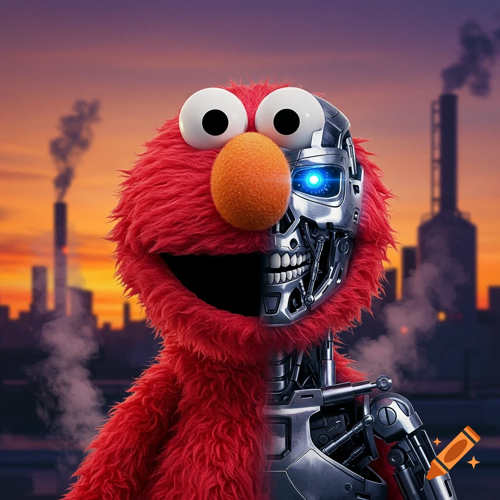Photorealistic image of Elmo, half furry puppet and half Terminator ...
