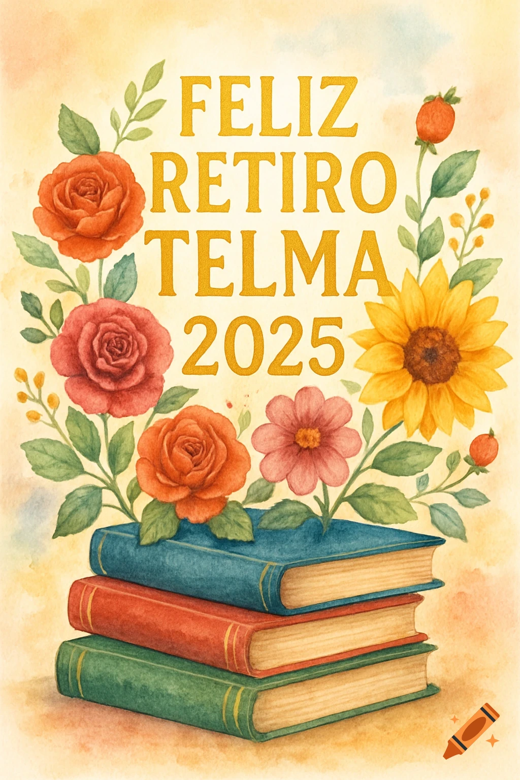 Watercolor illustration of a floral wreath with text 'FELIZ RETIRO ...