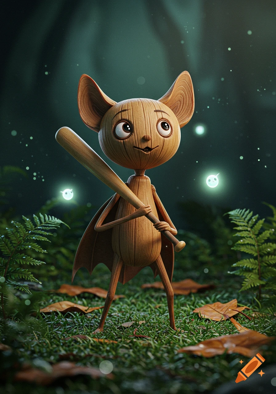 A cute, stylized wooden bat creature with big eyes holds a baseball bat ...