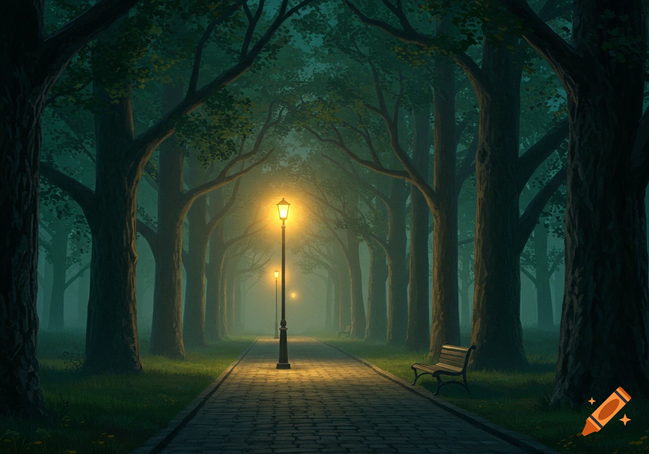 A misty tree-lined park path at night, illuminated by street lamps and ...