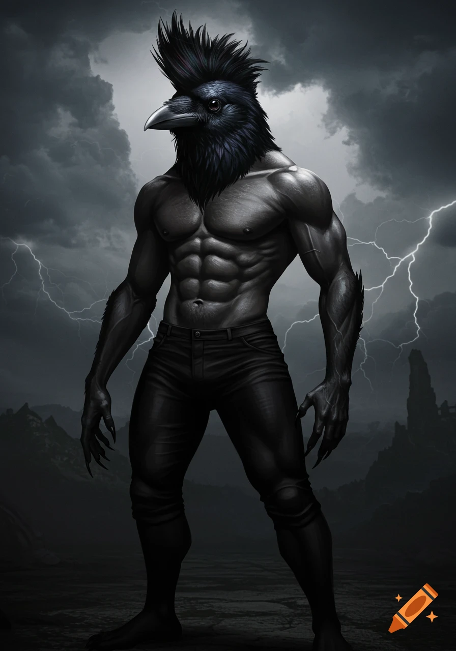 Muscular anthropomorphic crow with spiky hair and claws, wearing dark ...