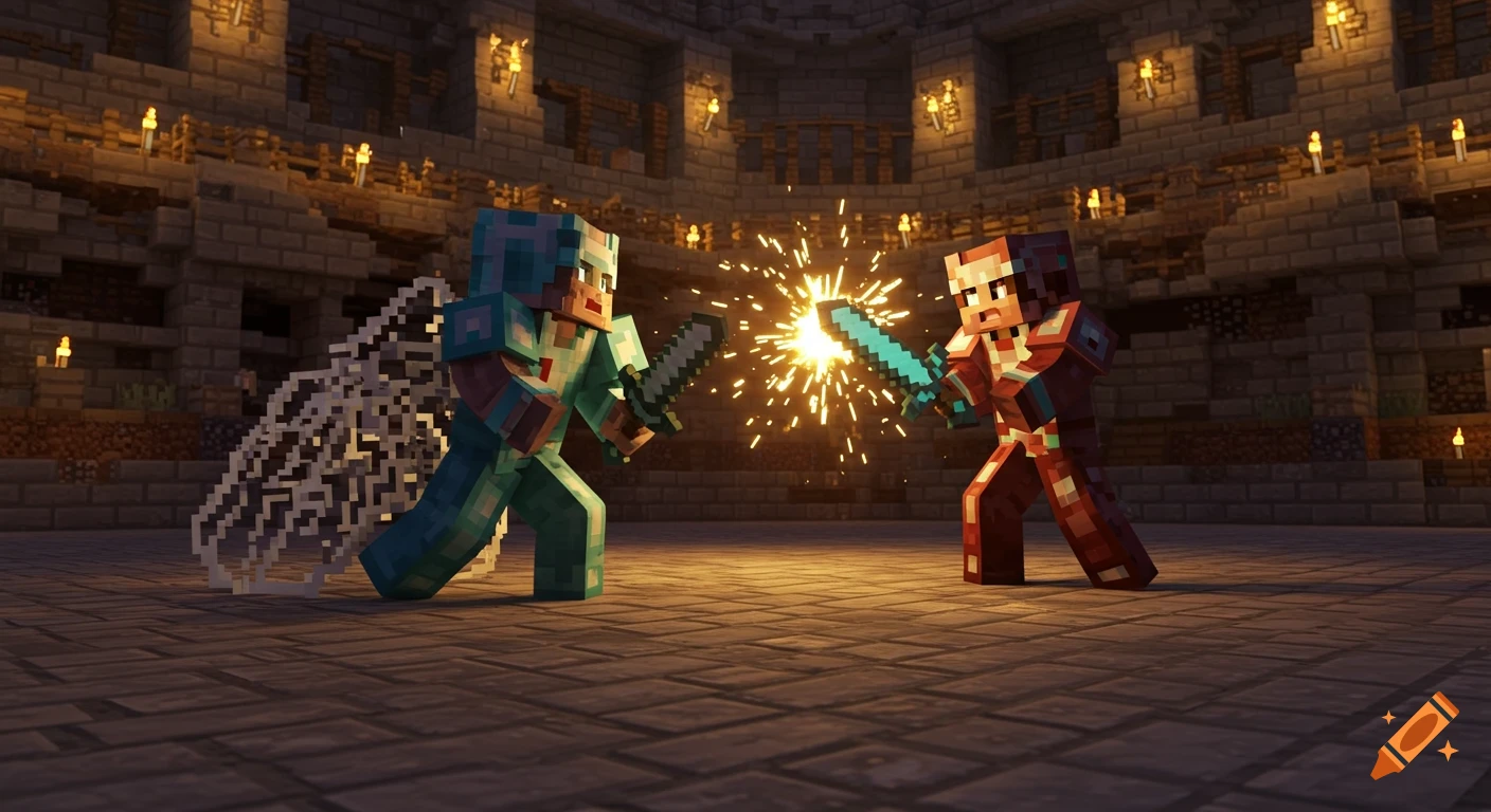 Two Minecraft players in enchanted armor clash swords, sparks flying ...