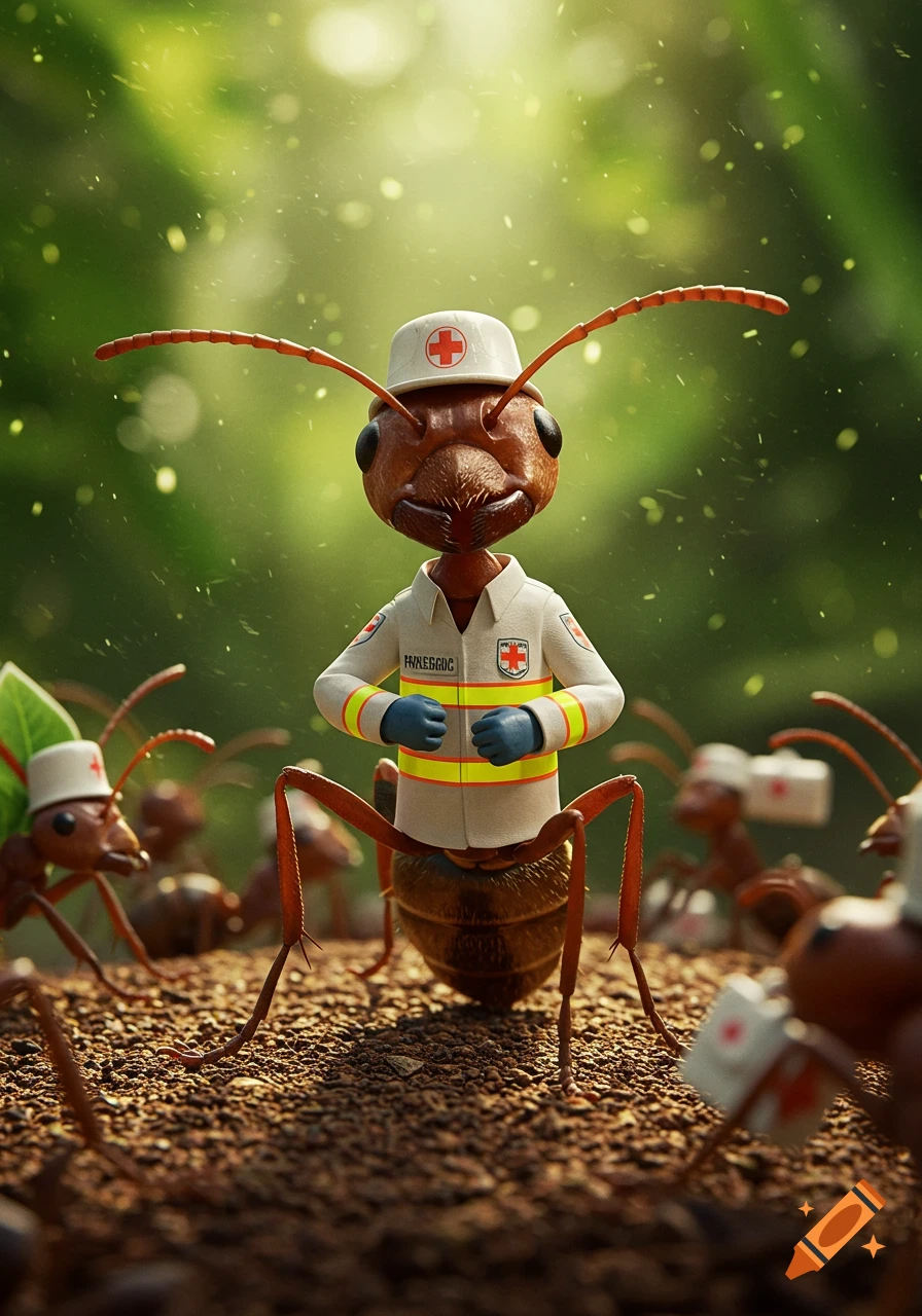 A cartoonish ant dressed as a paramedic in a white uniform and hat with ...