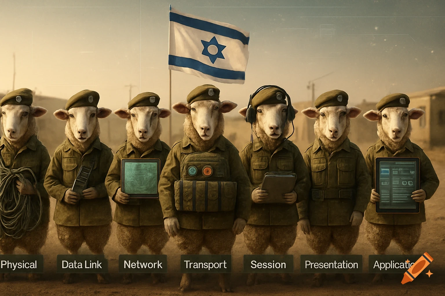 Seven anthropomorphic sheep soldiers in IDF uniforms stand in a line on ...