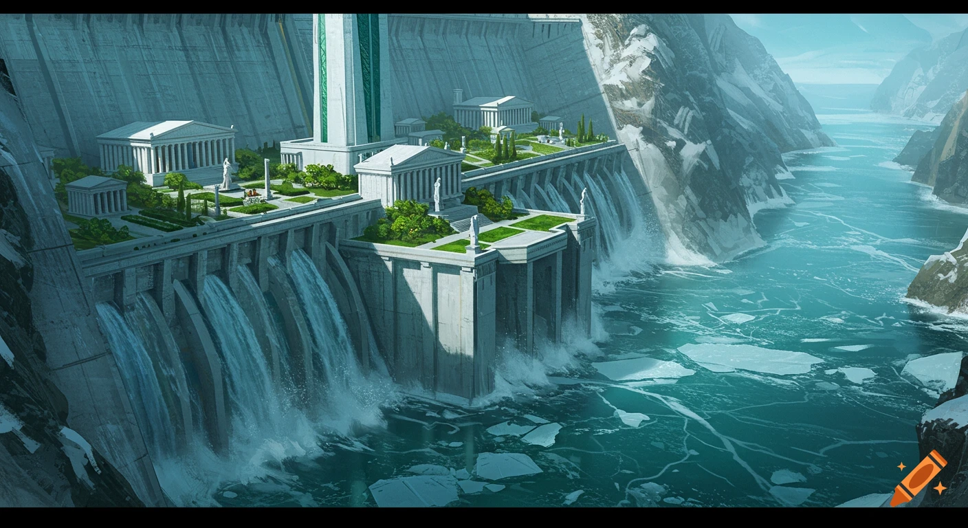 A majestic, futuristic Roman city with temples and green spaces built ...