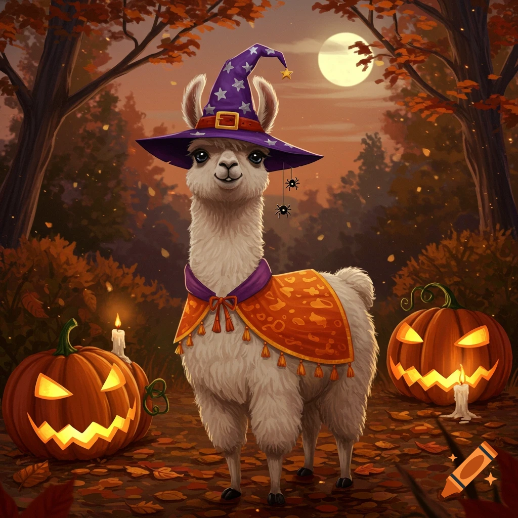 A white llama wearing a purple witch hat and an orange cape stands ...