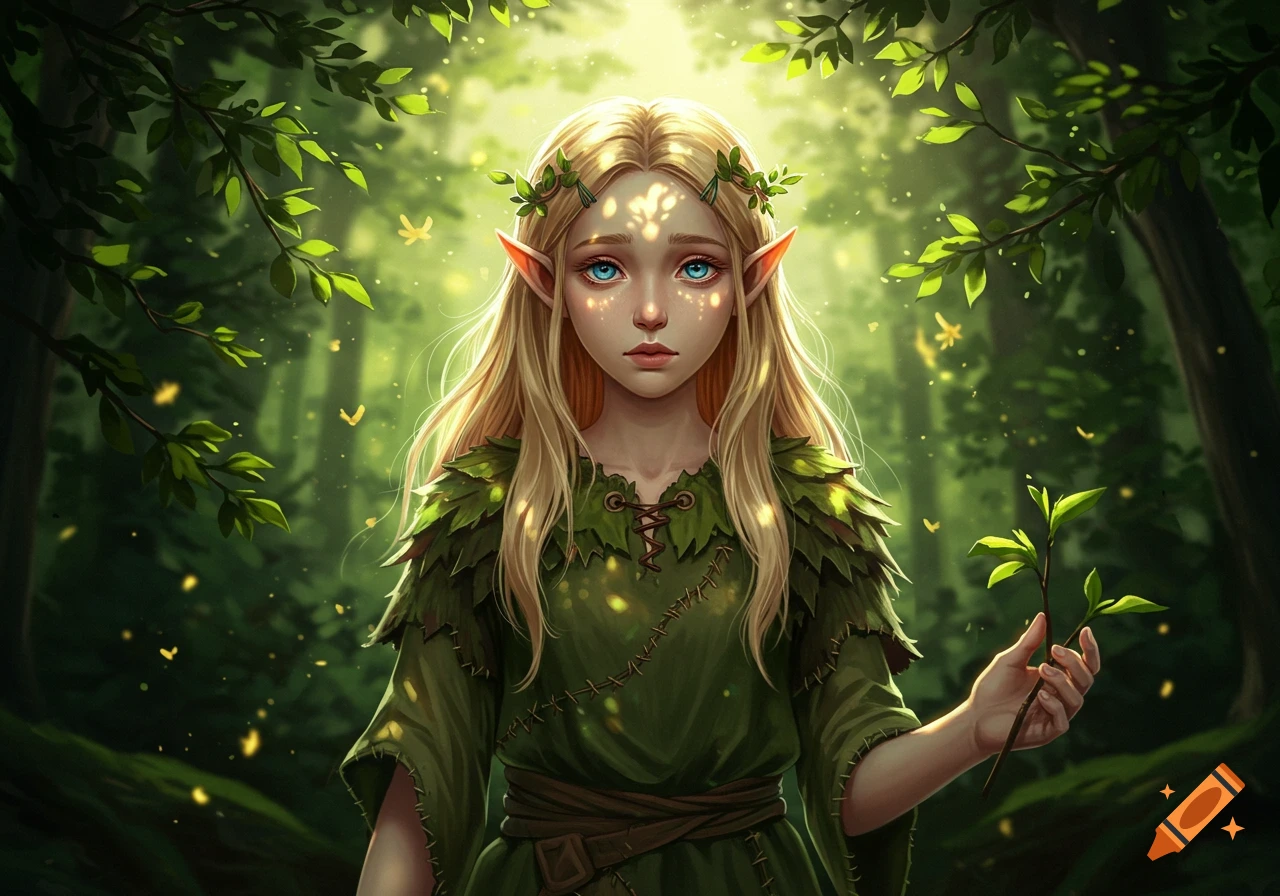 A pale blonde elf girl with blue eyes, wearing a leaf-adorned dress ...