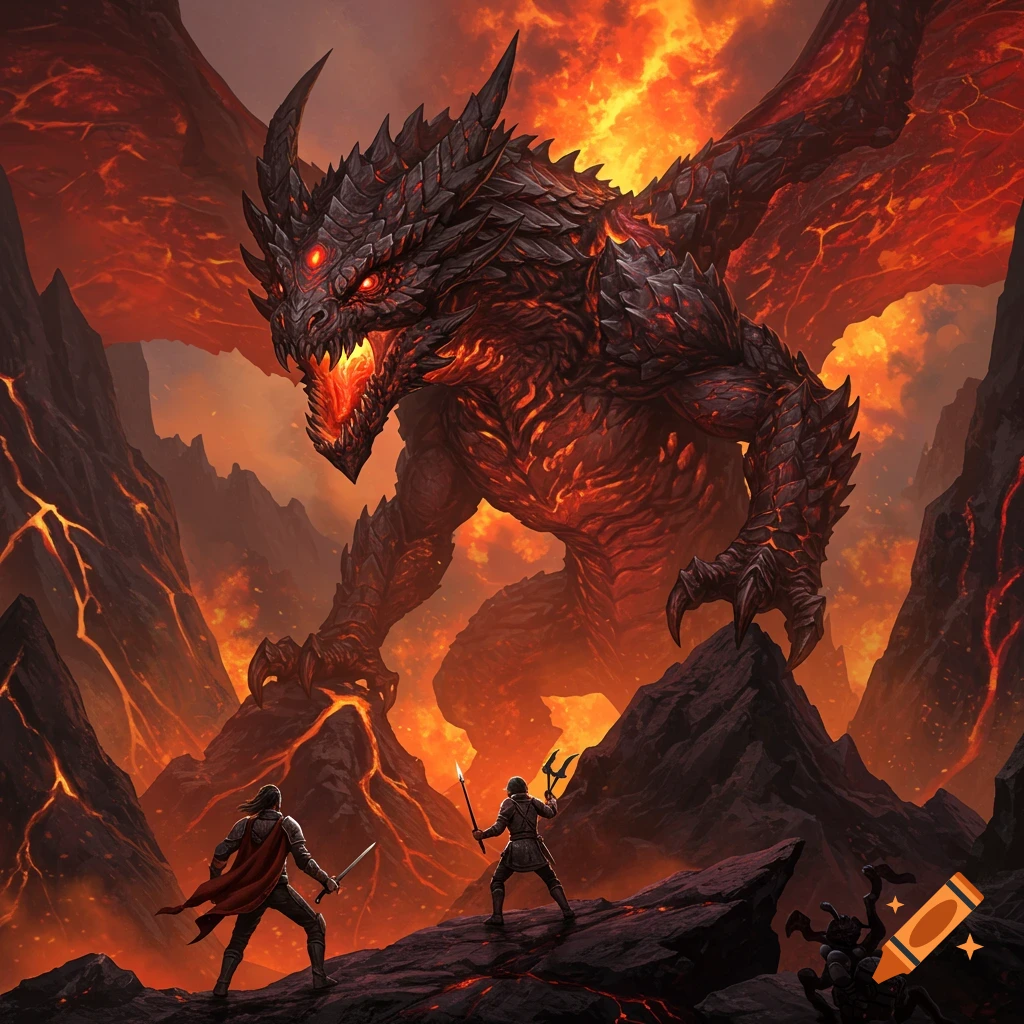 Two warriors face a colossal, glowing lava dragon amidst fiery volcanic ...