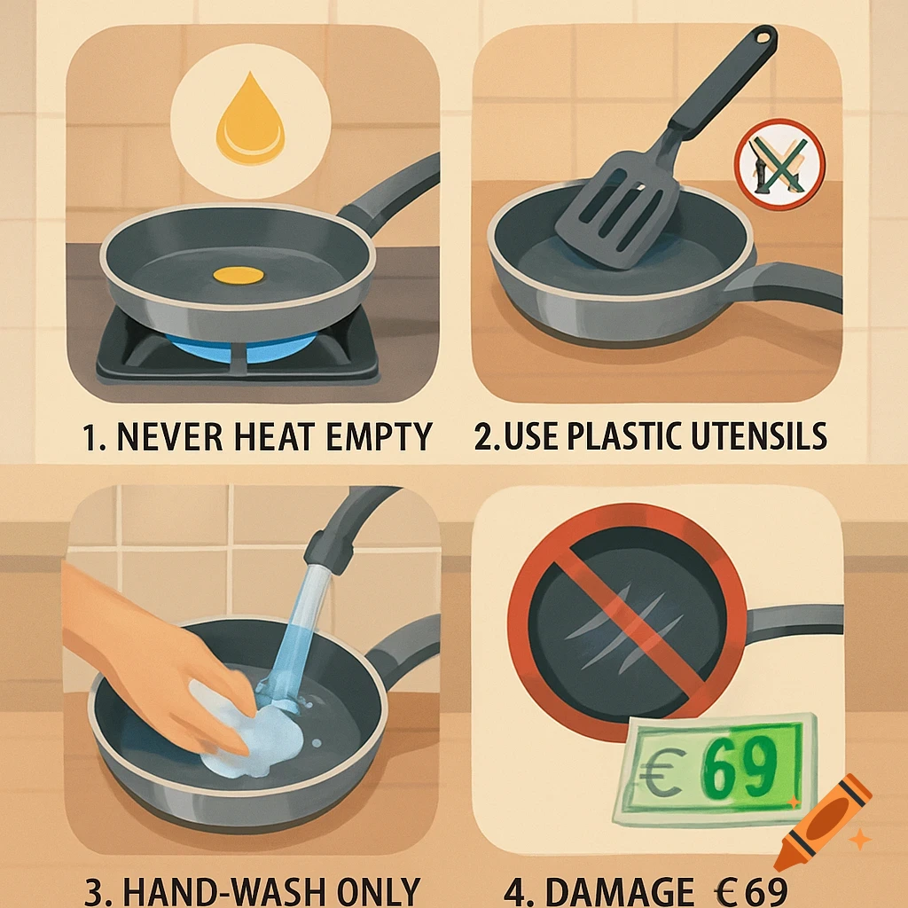 Four-panel instruction diagram for using a frying pan: never heat empty ...