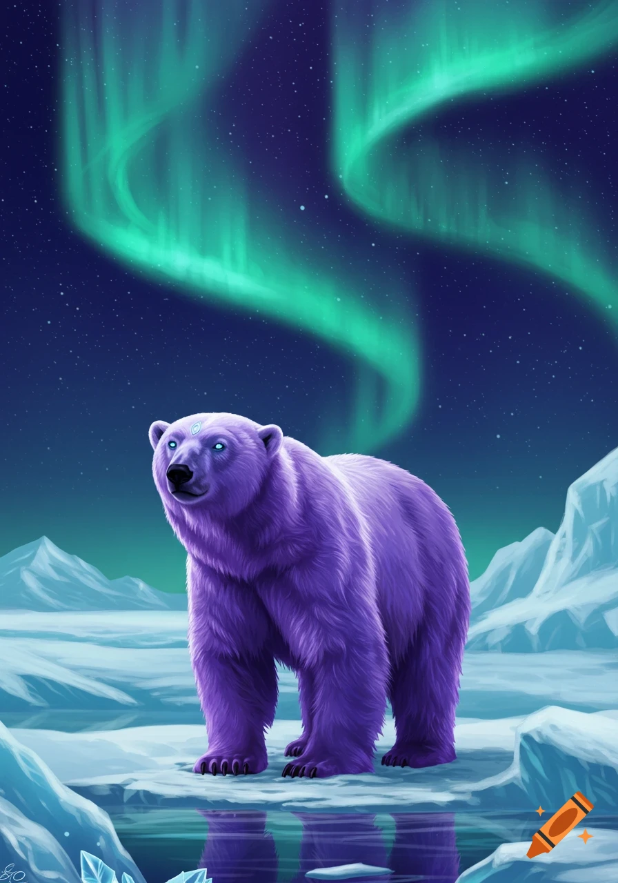 A vibrant purple polar bear stands on an icy plain under a starry sky with green aurora borealis ...
