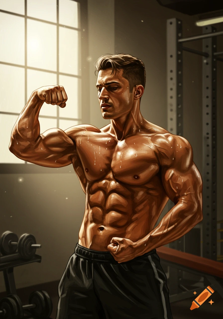 Stylized illustration of a muscular, sweating man with a six-pack ...