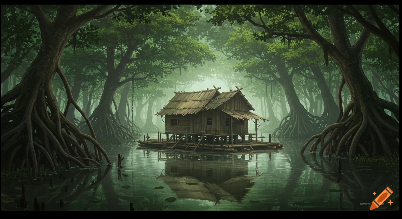 A wooden house on a raft floats in a swamp surrounded by tall mangrove ...