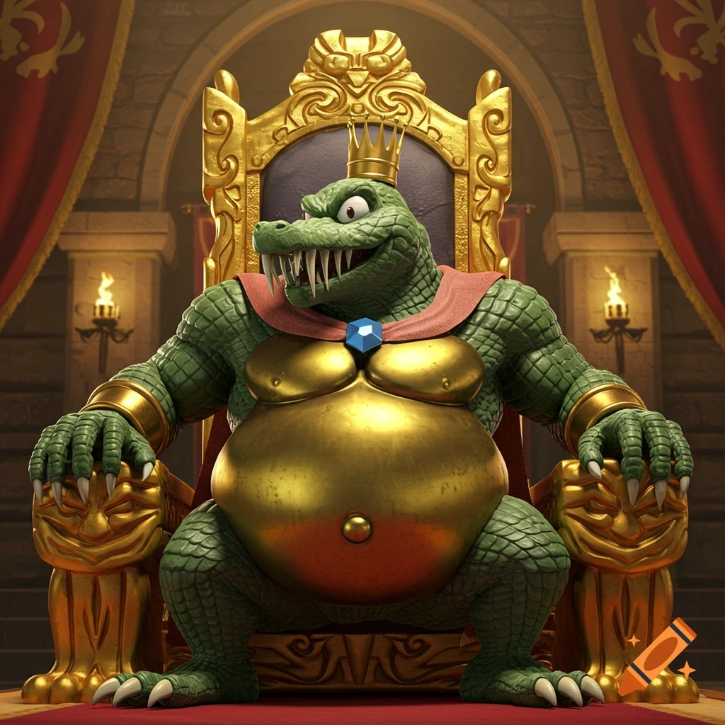 Photorealistic King K. Rool, a green crocodile king with a gold crown ...