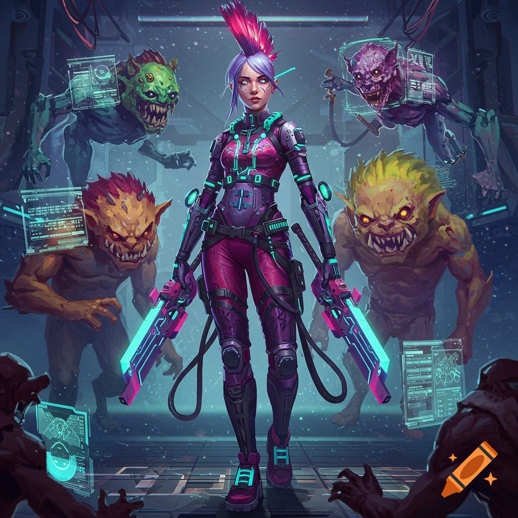 Cyberpunk woman with a pink mohawk and glowing guns stands among ...