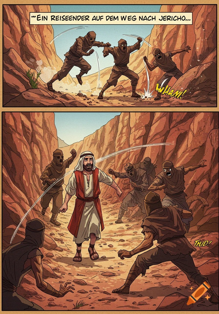 Two-panel comic illustration depicting robbers attacking a man in a ...