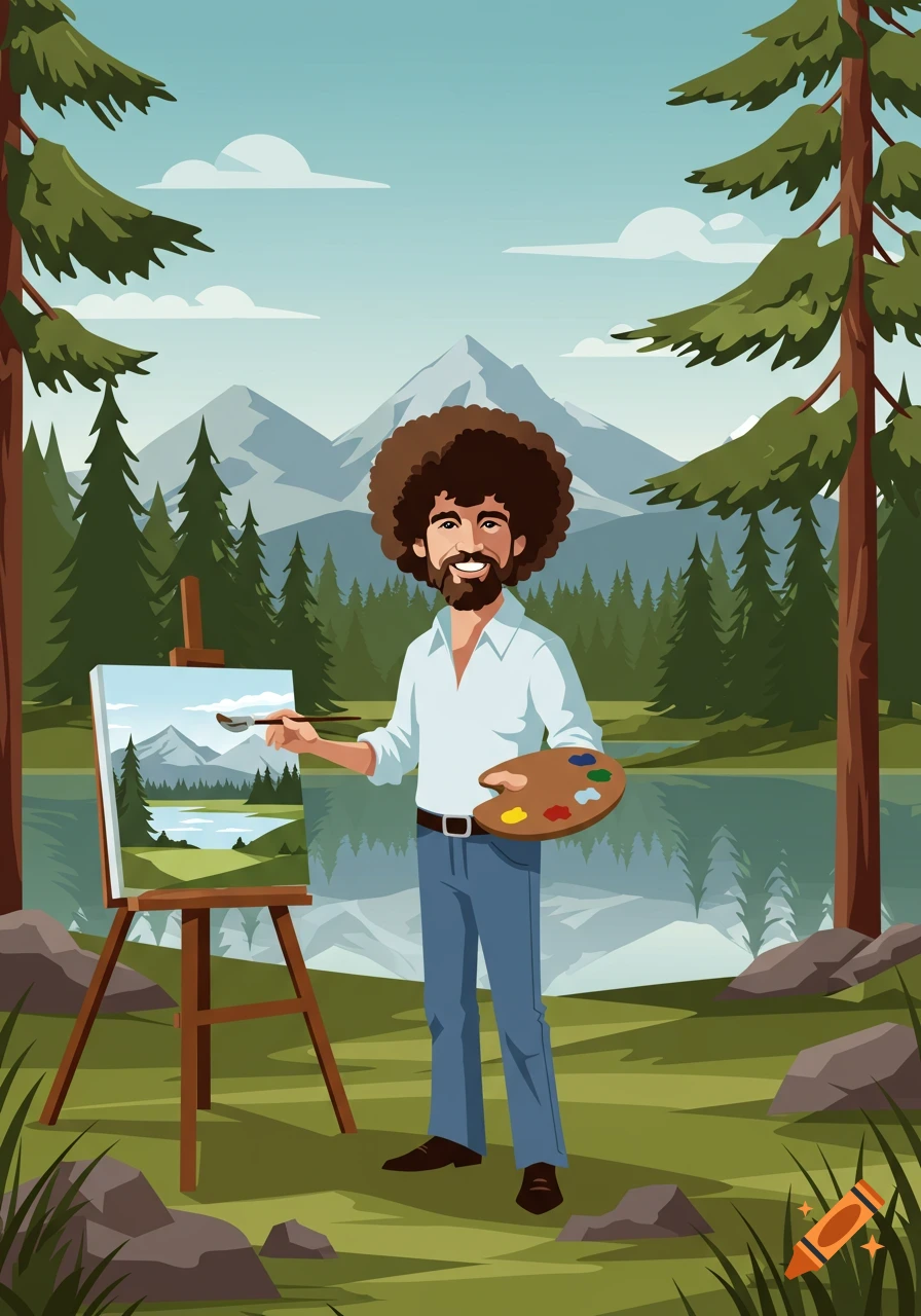 Cartoon illustration of Bob Ross with a paintbrush and palette ...