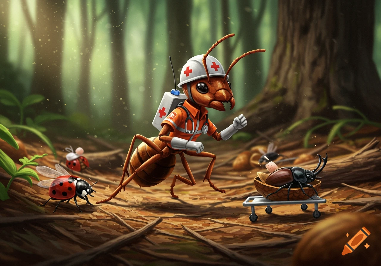 A cartoon paramedic ant in an orange uniform and white helmet with red ...