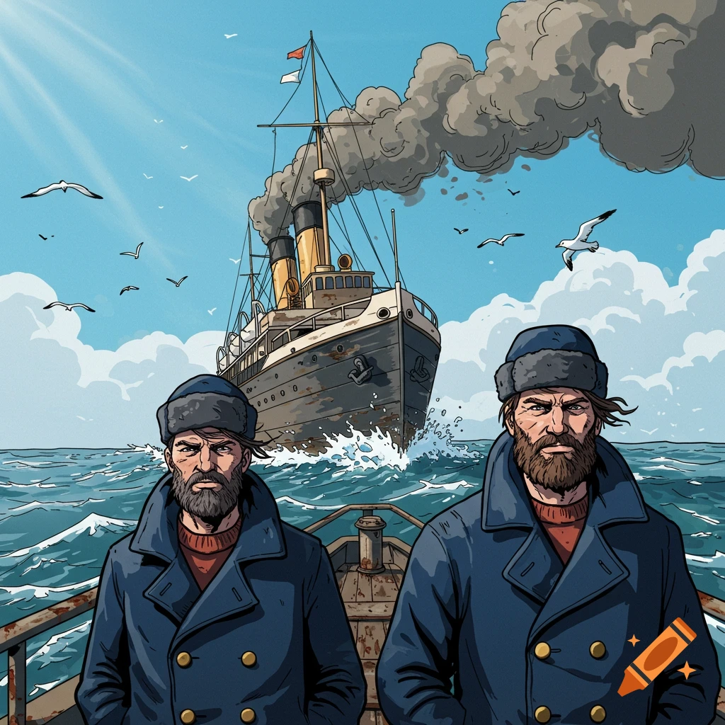 Two serious-faced sailors on a small boat, a large steamship with smoke ...