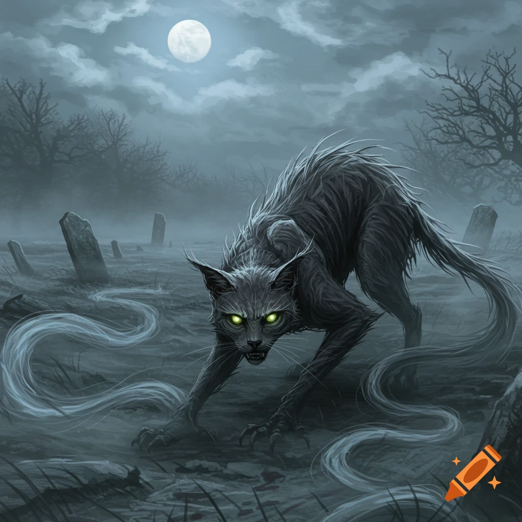 A scary gray cat with glowing green eyes crouches in a foggy graveyard ...