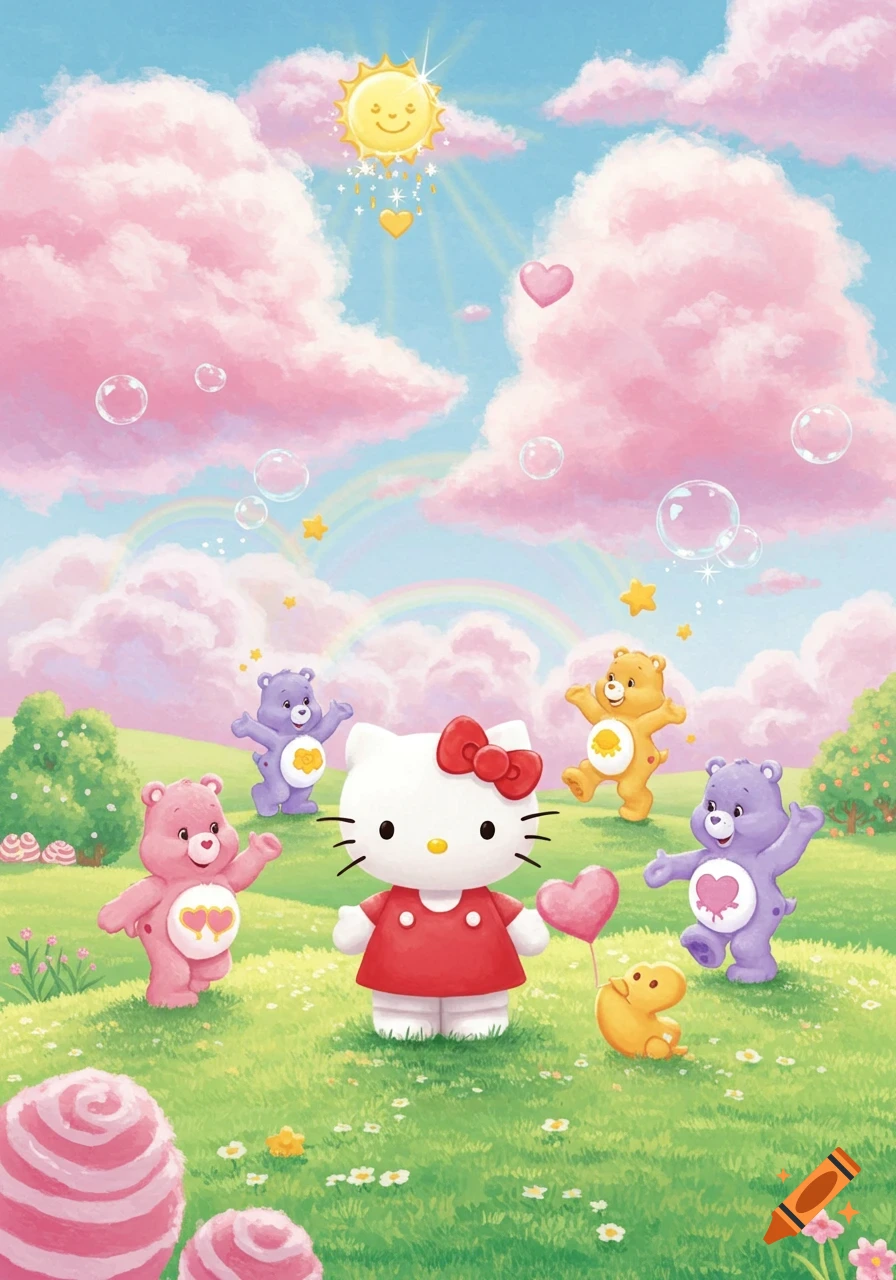 Hello Kitty and several Care Bears play in a vibrant, whimsical field ...