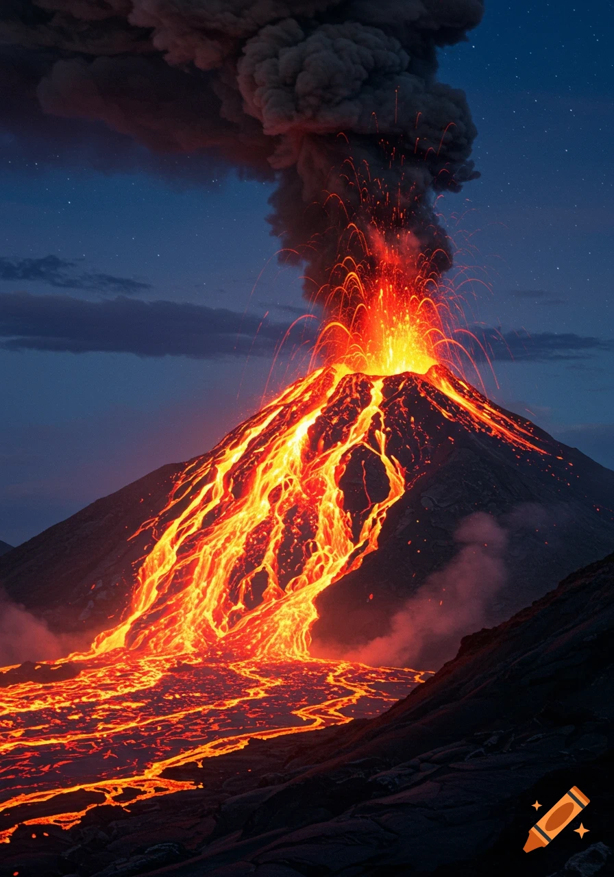 Photorealistic volcano erupting at night, with sparkly, glowing lava ...