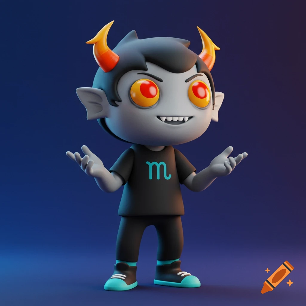 A stylized grey-skinned Homestuck troll with red eyes, orange horns ...