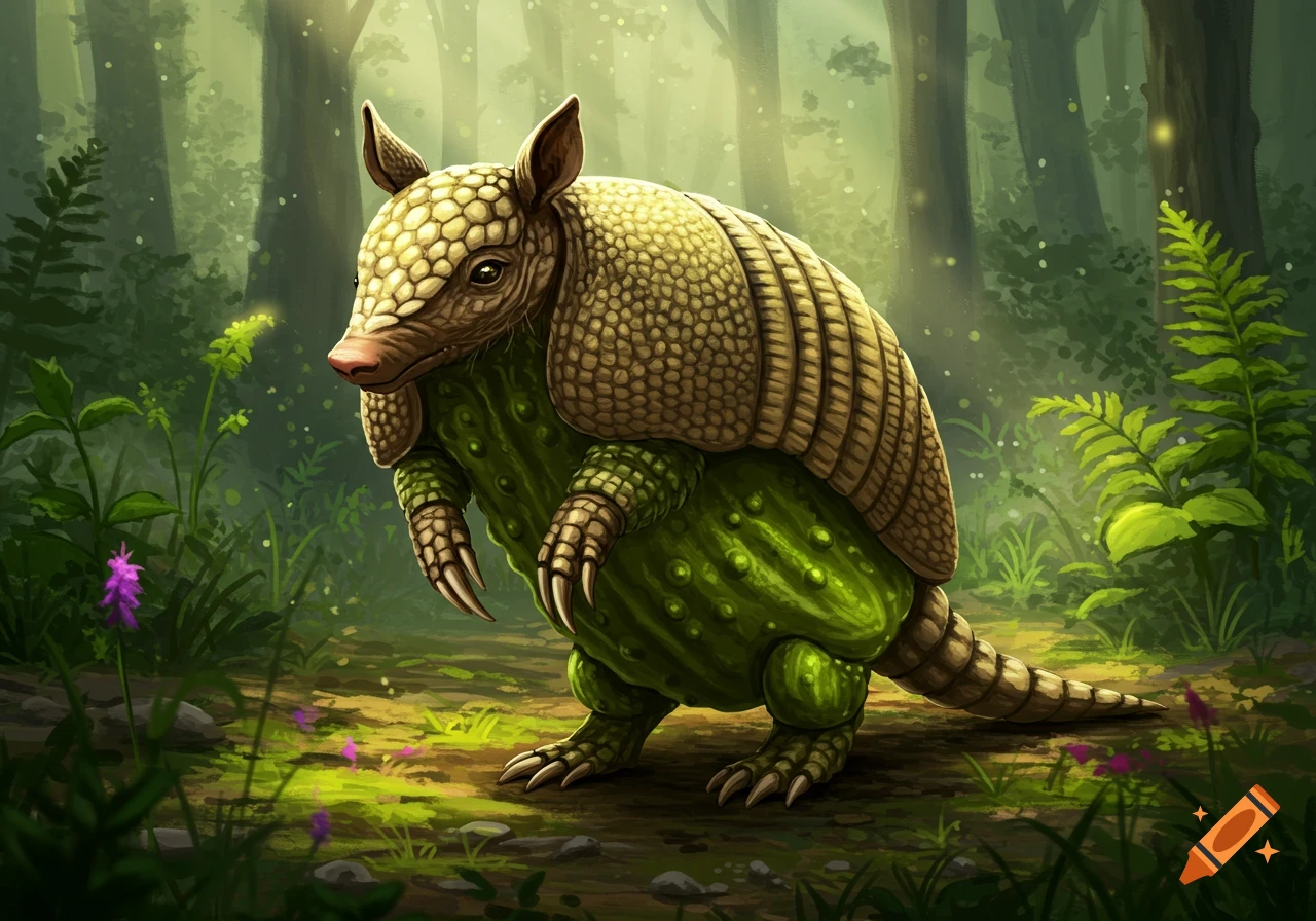 An illustrative depiction of an armadillo with a green, bumpy pickle ...