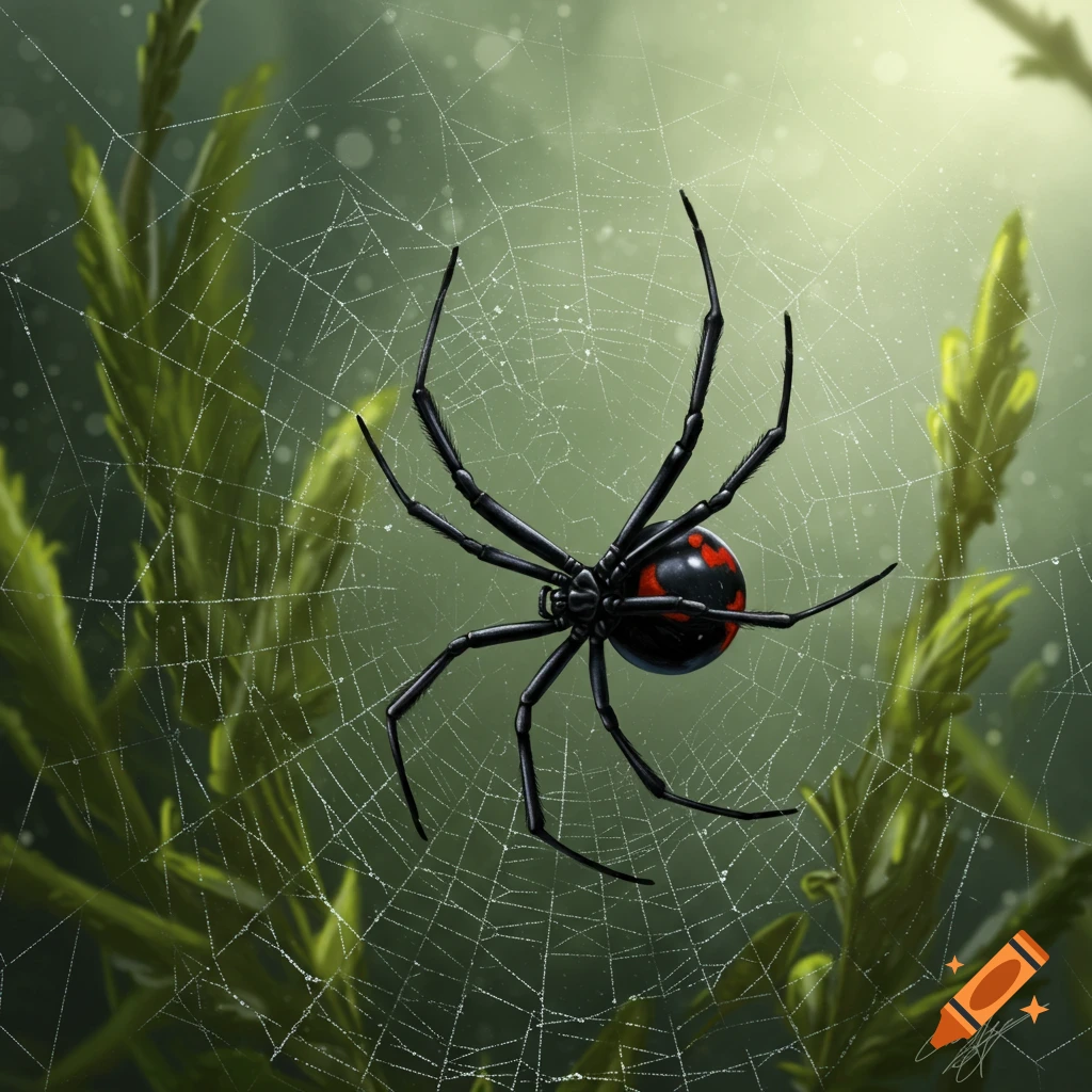 A black widow spider with a red hourglass marking sits on a dewy web ...