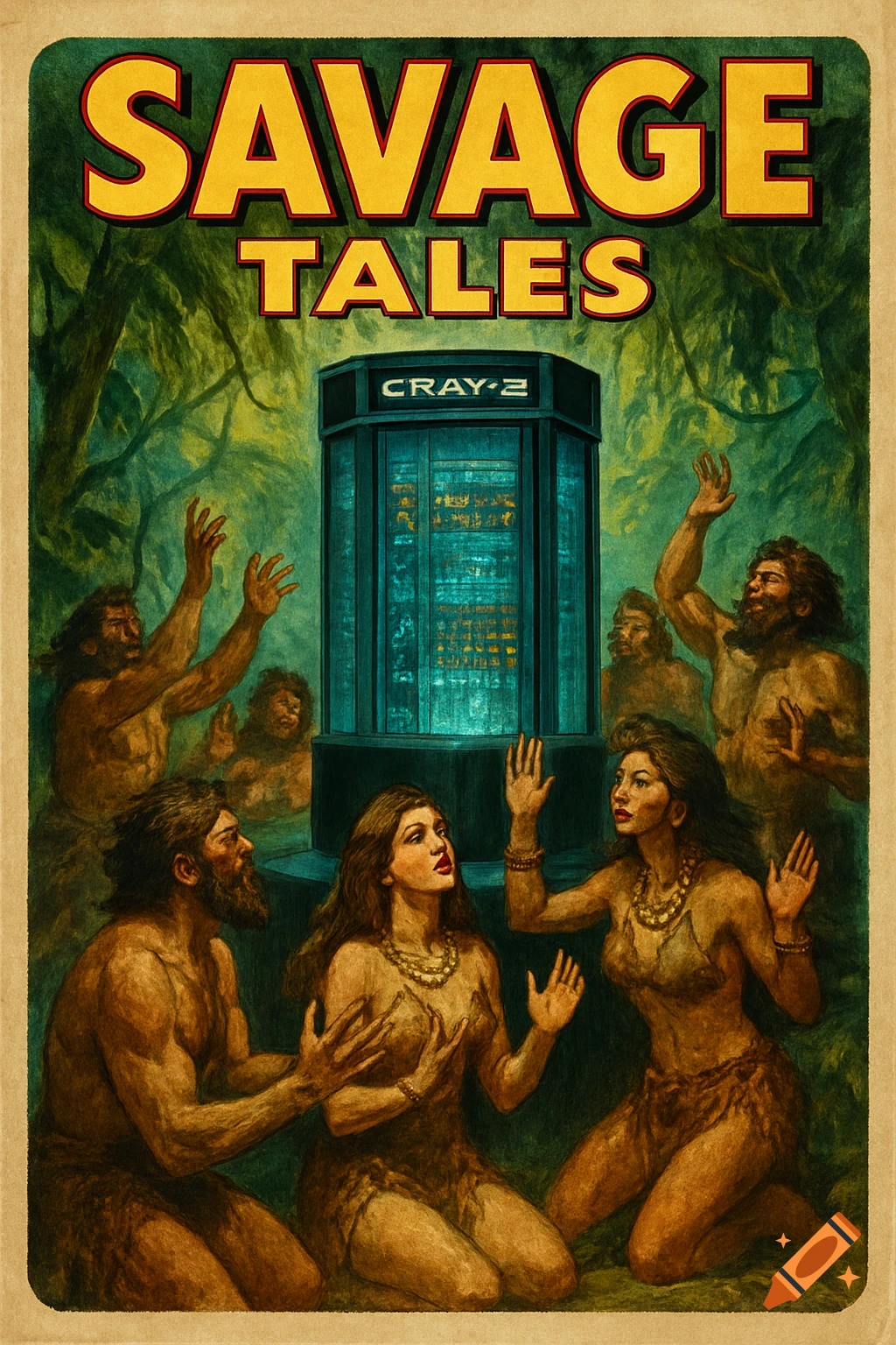 Vintage pulp magazine cover art depicts cave people worshipping a ...