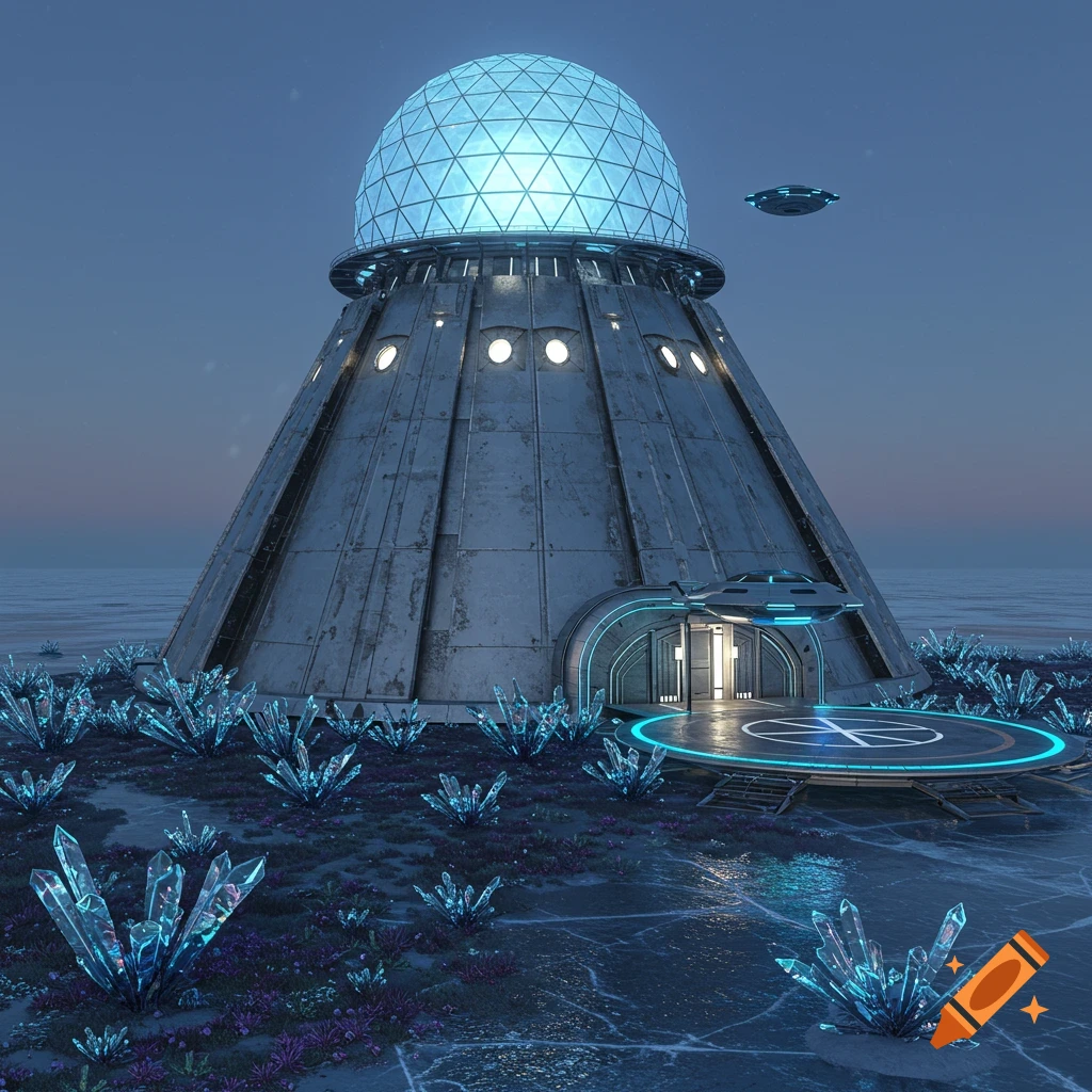 A futuristic conical structure with a glowing geodesic dome and a ...