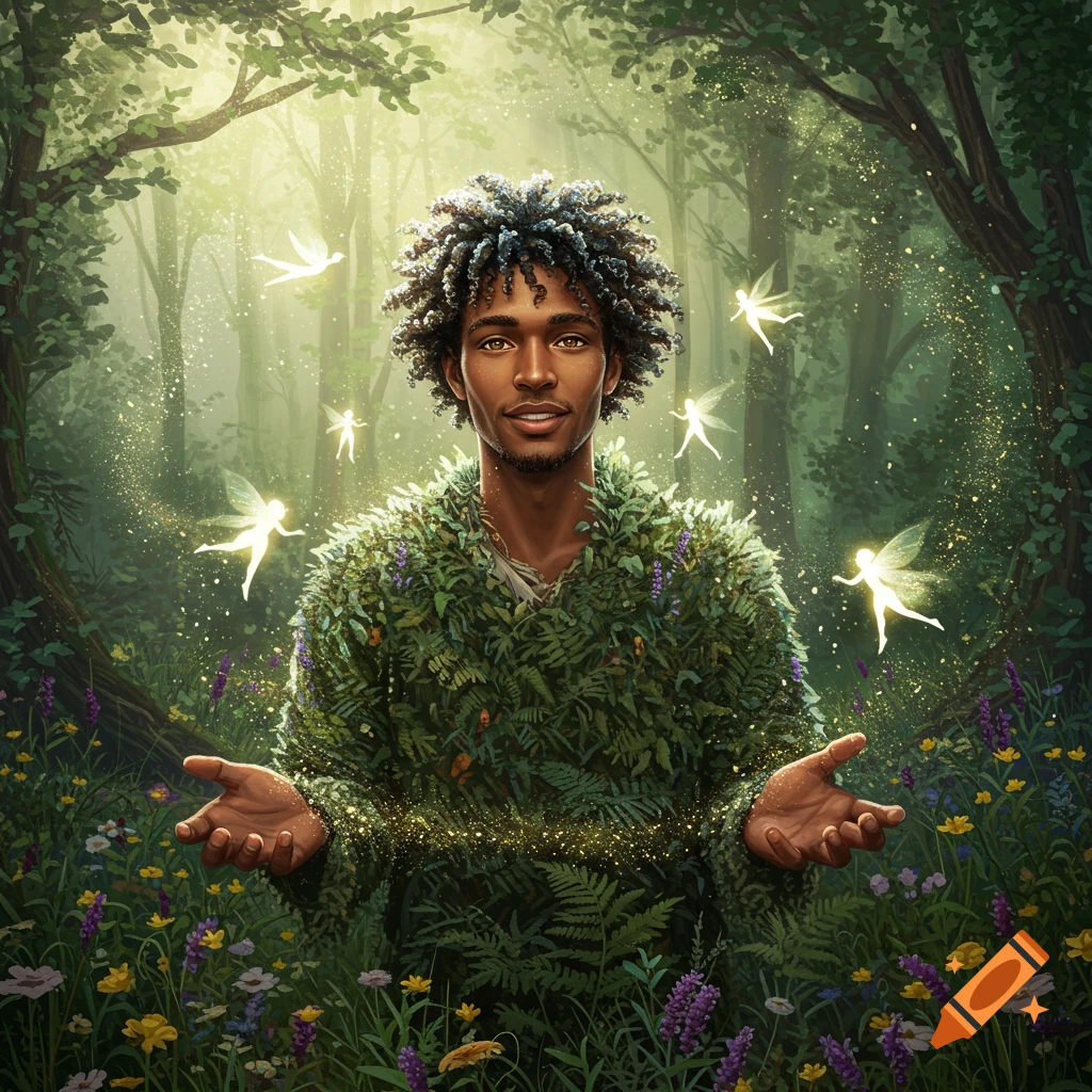 A smiling man with an afro and leafy attire stands in a magical forest ...
