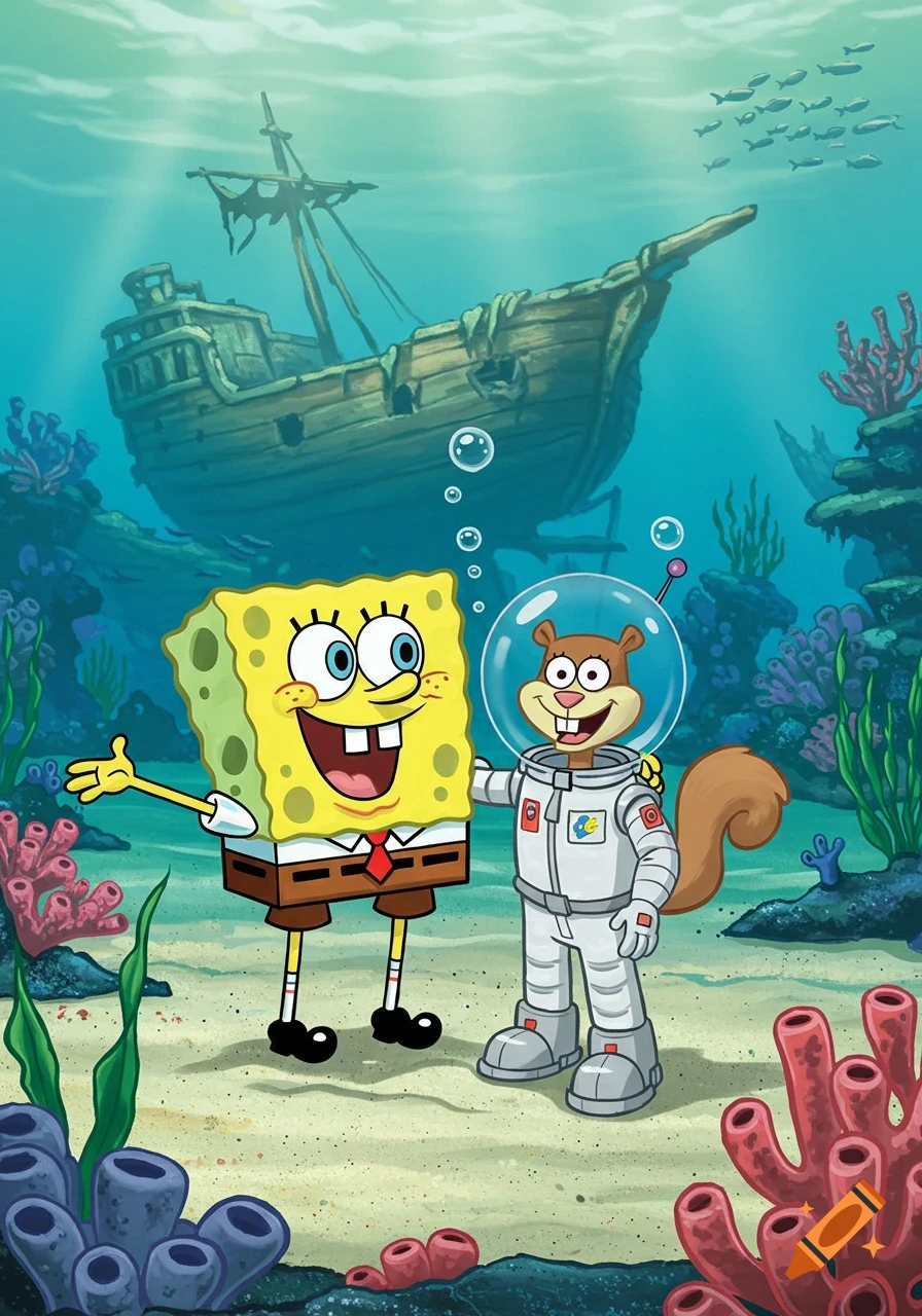 Spongebob Squarepants and Sandy Cheeks smile underwater, with a ...