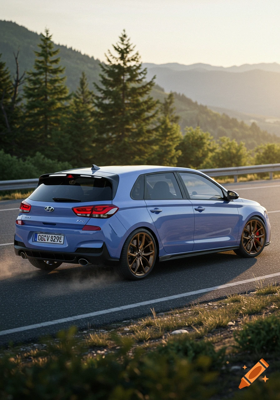 A blue Hyundai i30 N hatchback on a winding mountain road at sunset ...