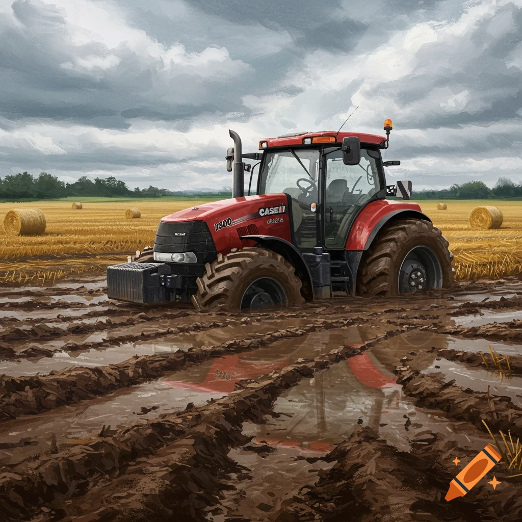 A red Case IH tractor is stuck deep in thick mud in a golden field ...