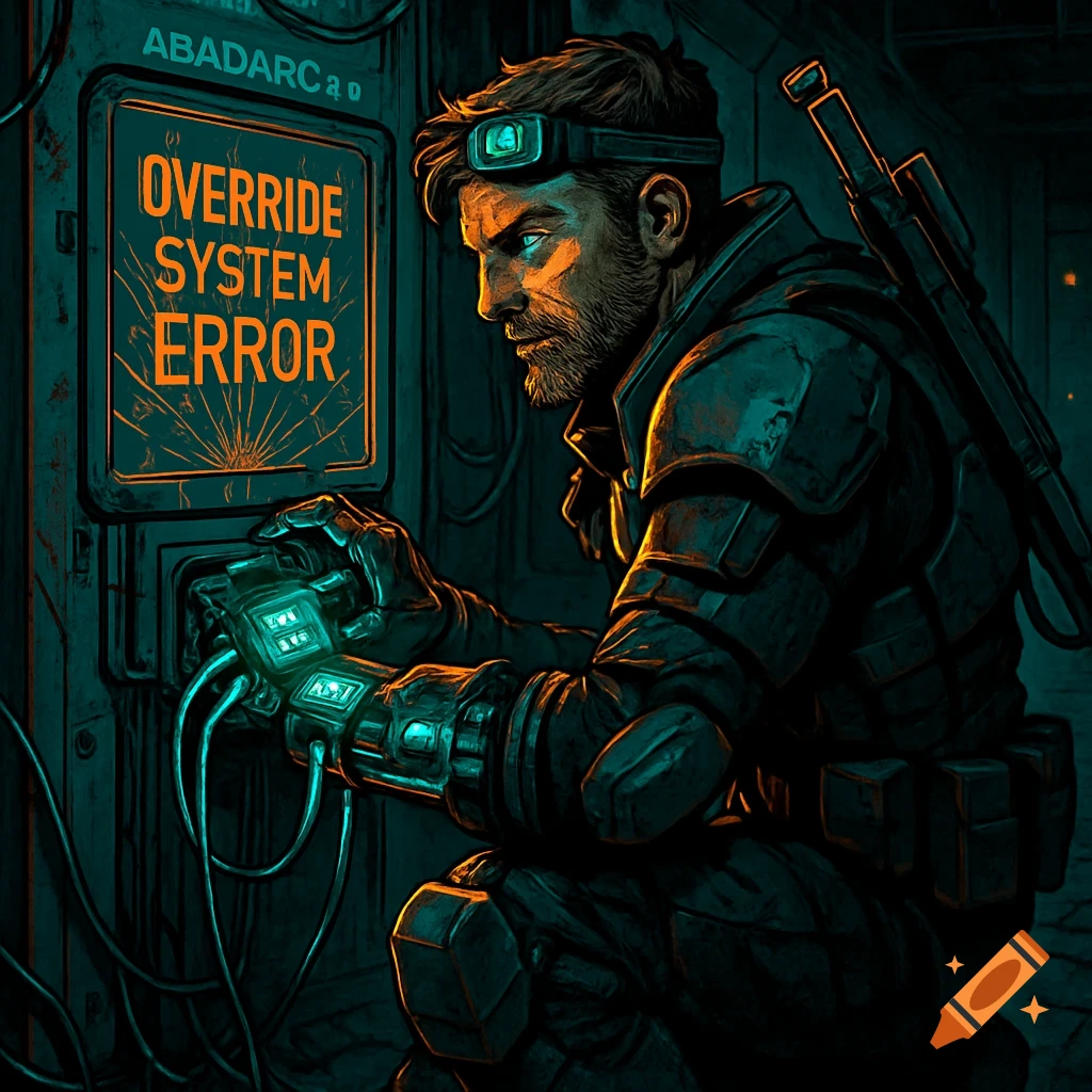 A rugged cyberpunk engineer kneels, hacking a glowing panel displaying ...