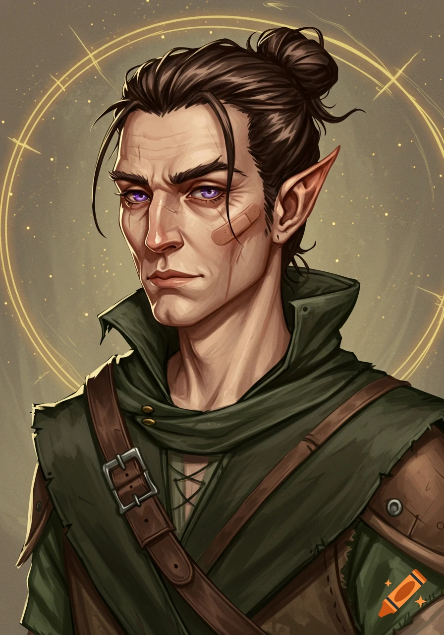 A detailed fantasy portrait of an elf with purple eyes, dark hair in a ...