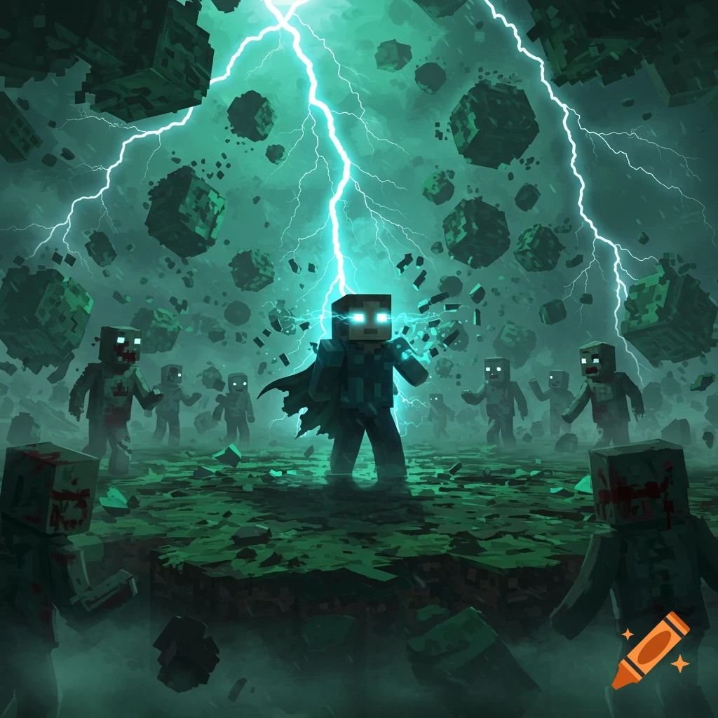 Herobrine casting magic among many zombies and floating blocks under ...