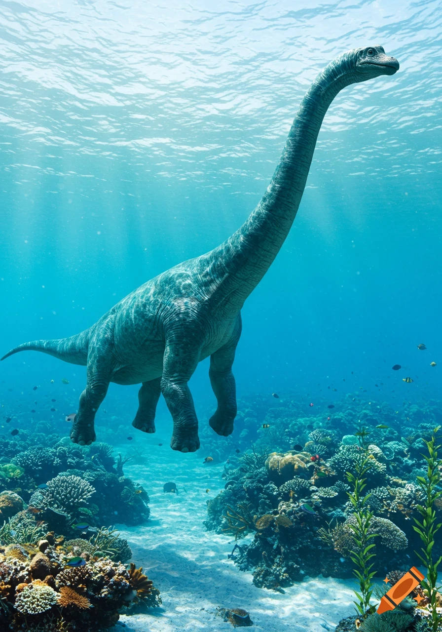 A long-necked dinosaur swims gracefully above a vibrant coral reef in ...