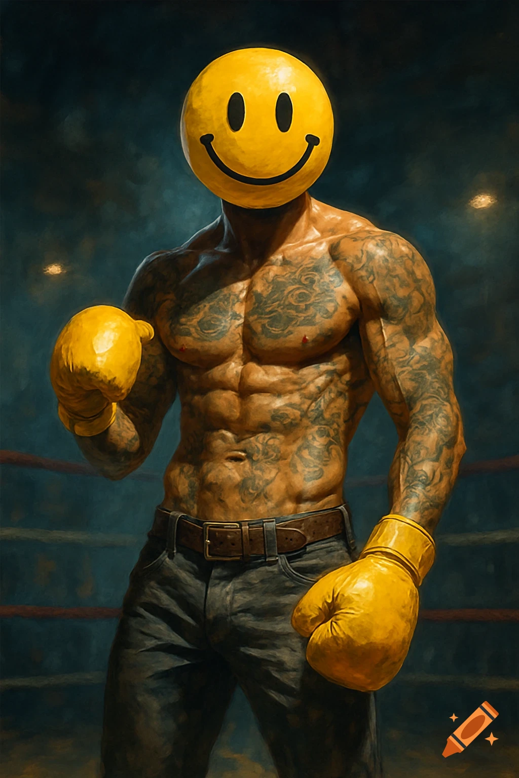 A muscular boxer with a yellow smiley face mask, tattoos, yellow boxing ...