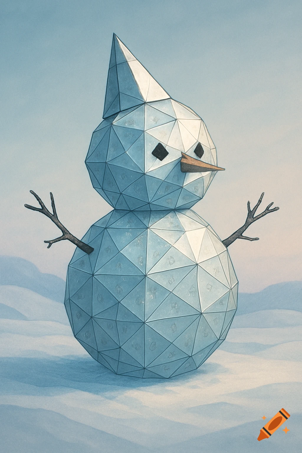 A geometric snowman with a cone hat and stick arms stands in a snowy landscape. The snowman is ...