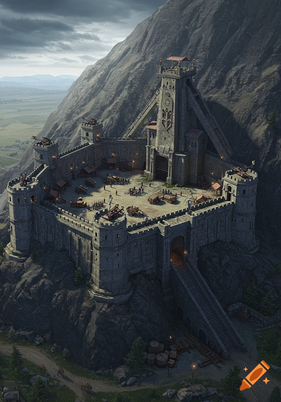 A detailed fantasy illustration of a large stone fortress built into ...