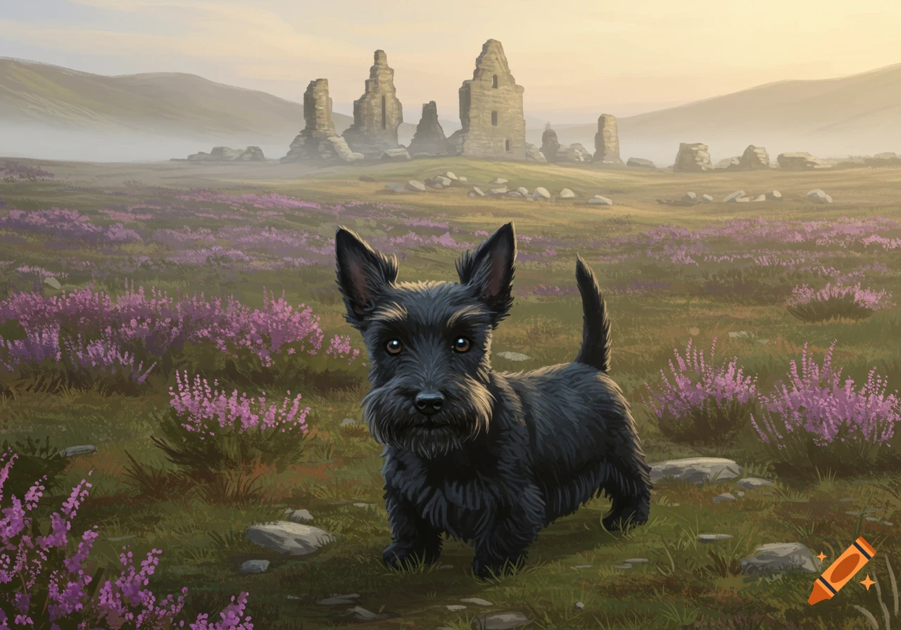A black Scottish terrier stands in a field of purple heather with ...
