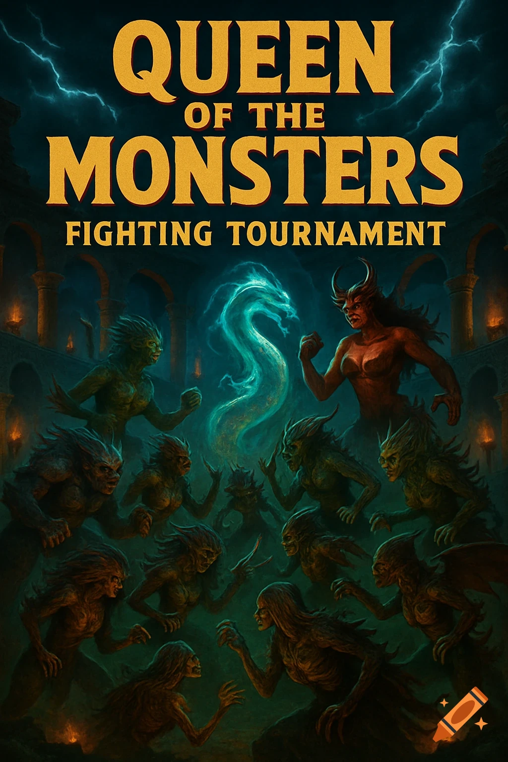 A dark, eerie fantasy poster depicting a 'Queen of the Monsters ...