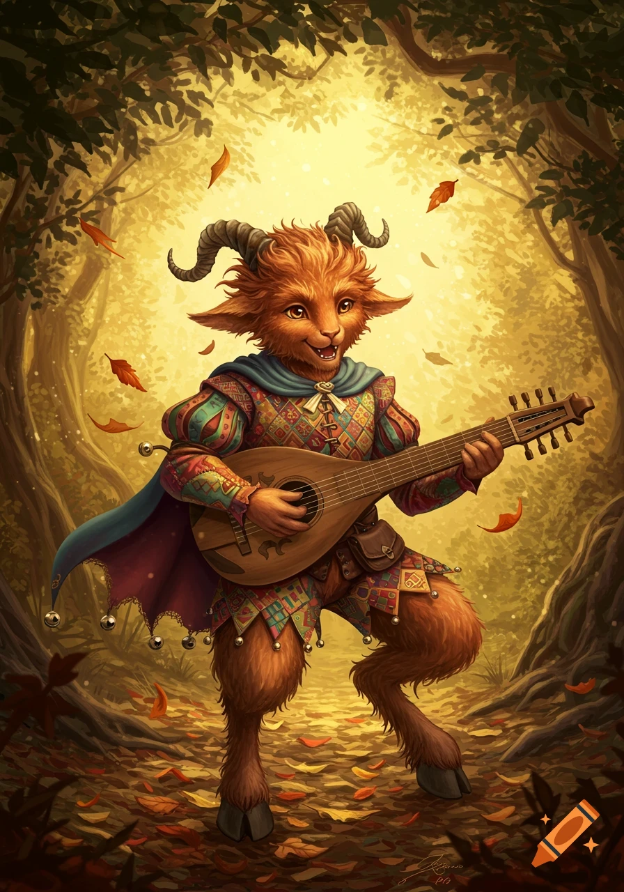 A vibrant digital painting of a cheerful satyr bard playing a lute in ...