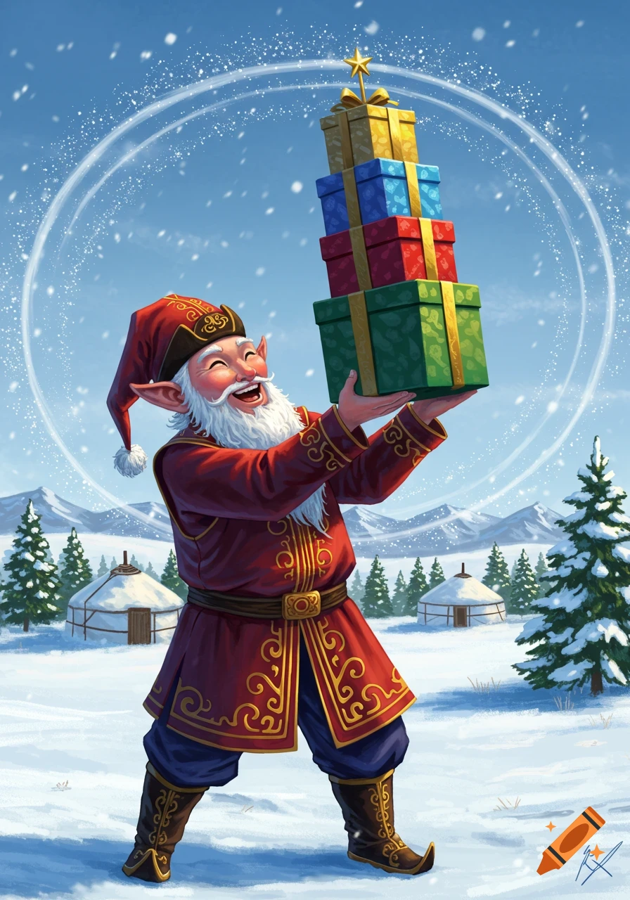 A cheerful, bearded Mongolian Christmas elf in a red tunic balances a ...