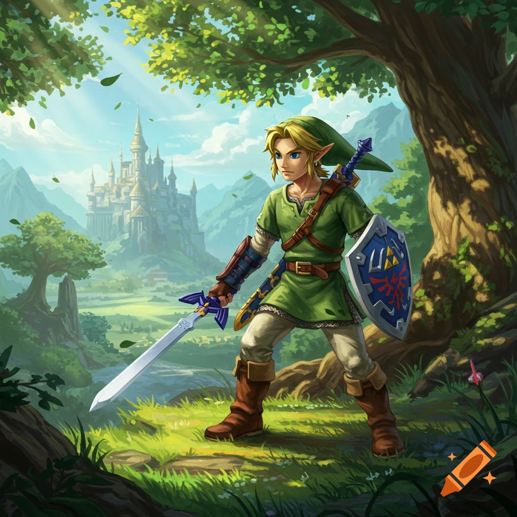 Link from The Legend of Zelda, with sword and shield, stands in a green ...